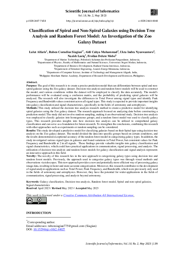 (PDF) Classification of Spiral and Non-Spiral Galaxies using Decision Tree Analysis and Random ...