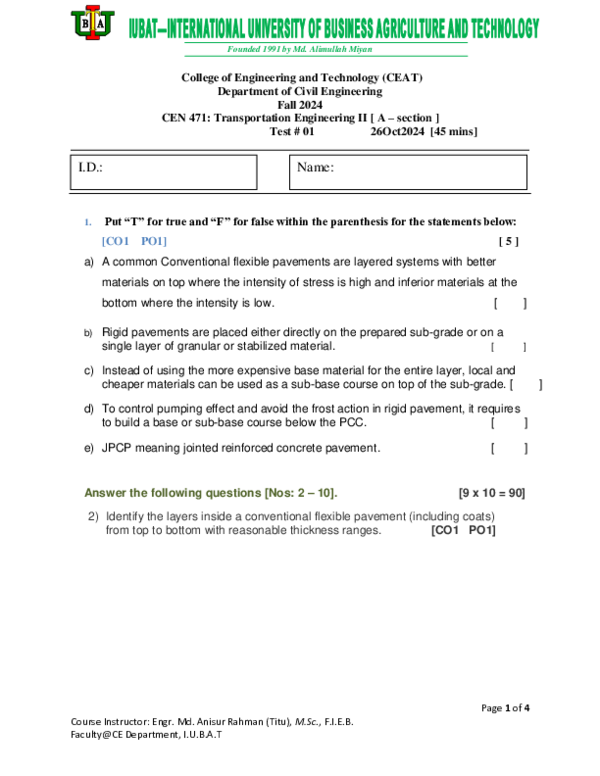 (PDF) TEST 01--CEN 471A_ Transportation Engineering II--Fall 2024