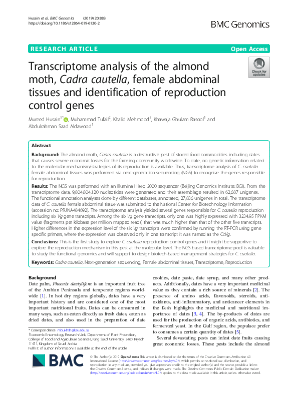 (PDF) Transcriptome analysis of the almond moth, Cadra cautella, female ...