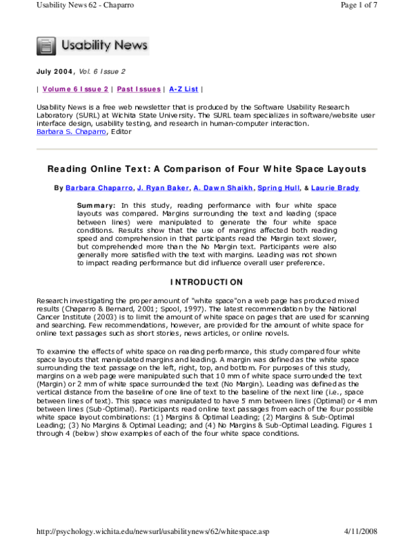 (PDF) Reading online text: A comparison of four whitespace layouts