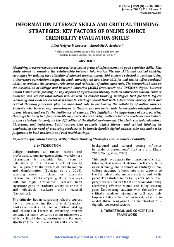 (PDF) INFORMATION LITERACY SKILLS AND CRITICAL THINKING STRATEGIES: KEY ...