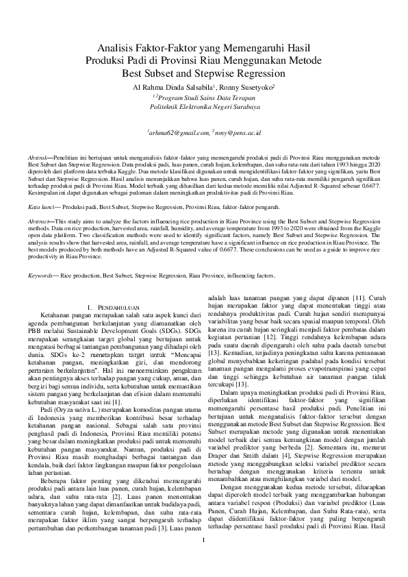 (PDF) Analisis Faktor-Faktor yang Memengaruhi Hasil Produksi Padi di Provinsi Riau Menggunakan ...