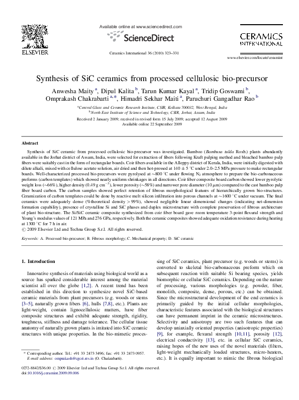 (PDF) Synthesis of SiC ceramics from processed cellulosic bio-precursor
