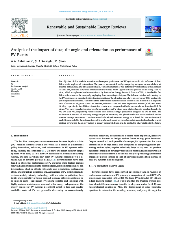 (PDF) Analysis of the impact of dust, tilt angle and orientation on performance of PV Plants