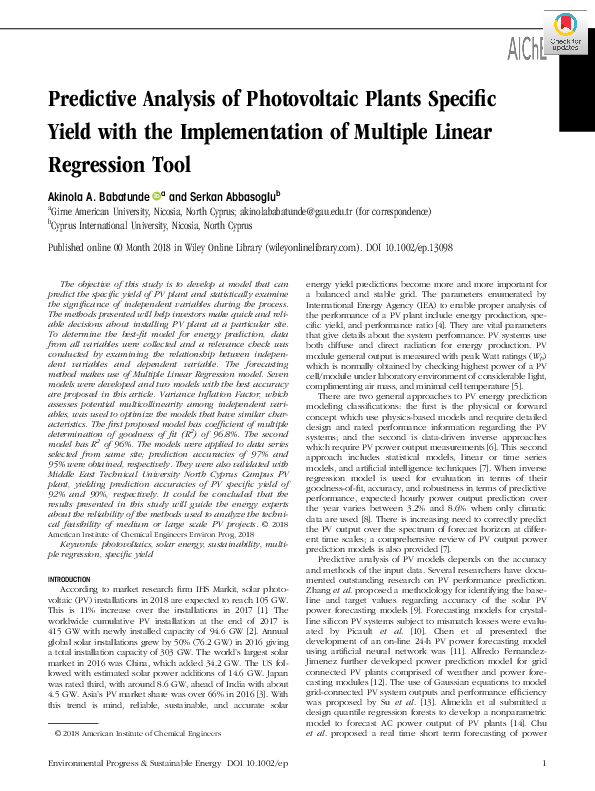 (PDF) Predictive analysis of photovoltaic plants specific yield with the implementation of ...