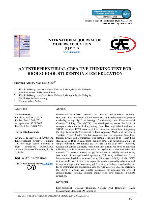 (PDF) An Entrepreneurial Creative Thinking Test for High School ...