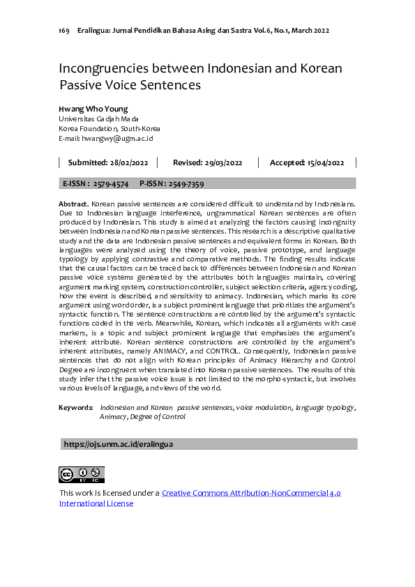 (PDF) Incongruencies between Indonesian and Korean Passive Voice Sentences