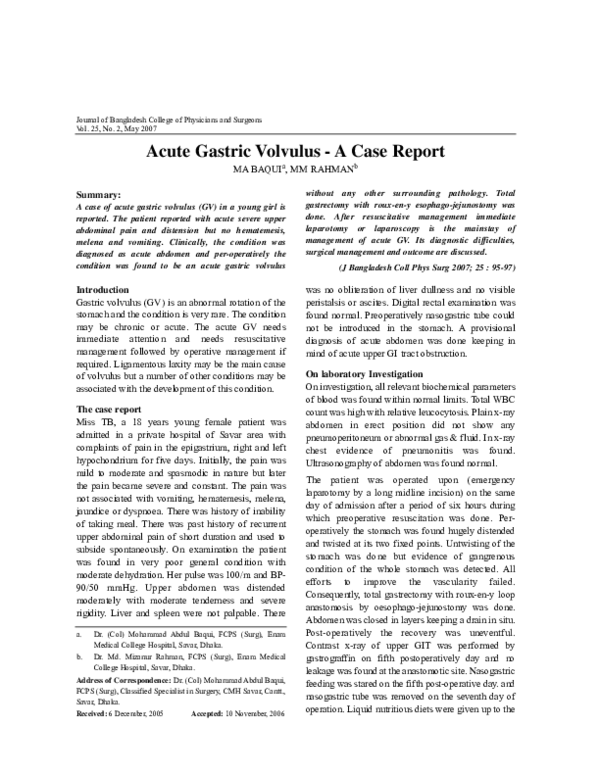 (PDF) Acute Gastric Volvulus: A Case Report