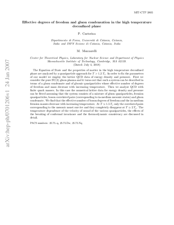 (PDF) Effective degrees of freedom and gluon condensation in the high temperature deconfined phase