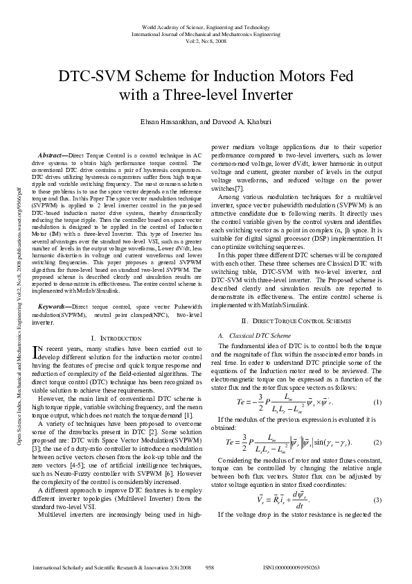 (PDF) DTC-SVM Scheme for Induction Motors Fedwith a Three-level Inverter