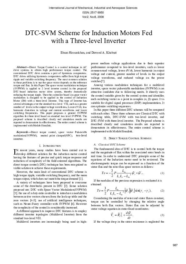 (PDF) Dtc-Svm Scheme For Induction Motors Fedwith A Three-Level Inverter