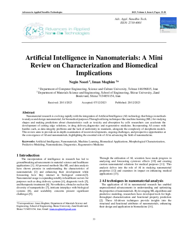 (PDF) Artificial Intelligence in Nanomaterials: A Mini Review on Characterization and Biomedical ...