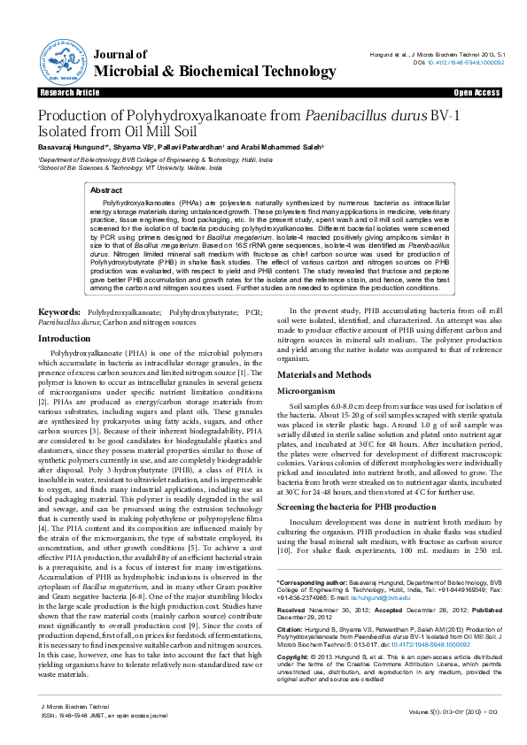 (PDF) Production of Polyhydroxyalkanoate from Paenibacillus durus BV-1 Isolated from Oil Mill Soil