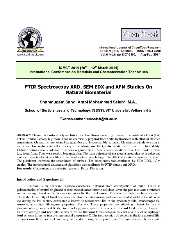 (PDF) FTIR Spectroscopy XRD, SEM EDX and AFM Studies On Natural Biomaterial