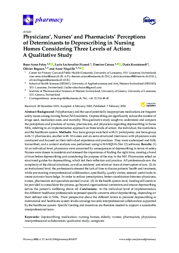 (PDF) Physicians’, Nurses’ and Pharmacists’ Perceptions of Determinants to Deprescribing in ...
