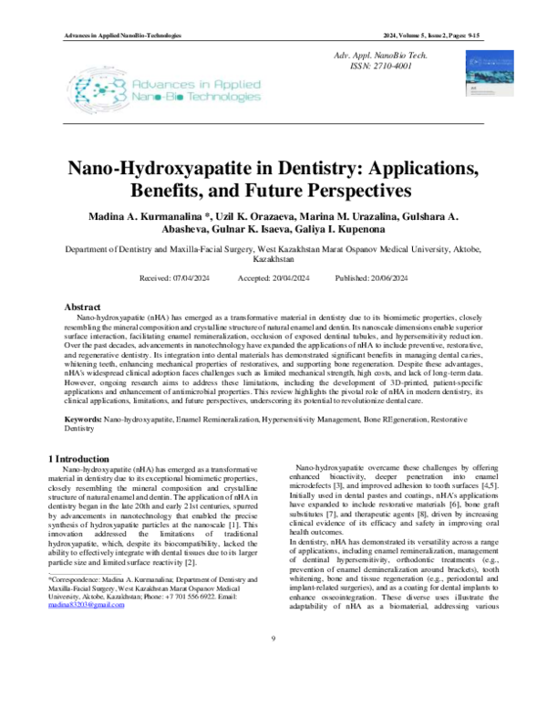 (PDF) Nano-Hydroxyapatite in Dentistry: Applications, Benefits, and ...