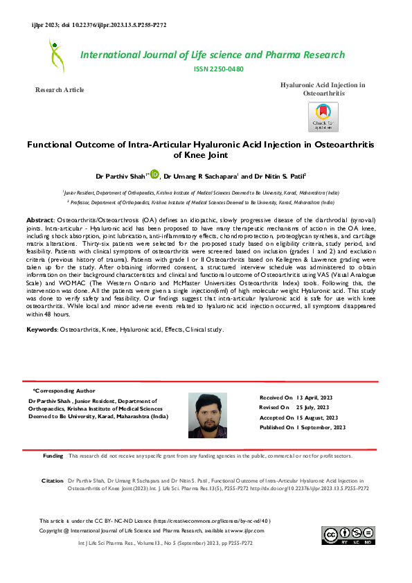 (PDF) Functional Outcome of Intra-Articular Hyaluronic Acid Injection in Osteoarthritis of Knee ...