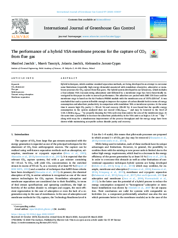 (PDF) The performance of a hybrid VSA-membrane process for the capture ...