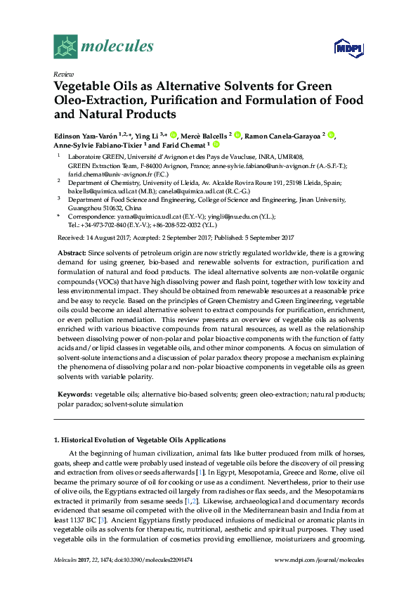 (PDF) Vegetable Oils as Alternative Solvents for Green Oleo-Extraction, Purification and ...