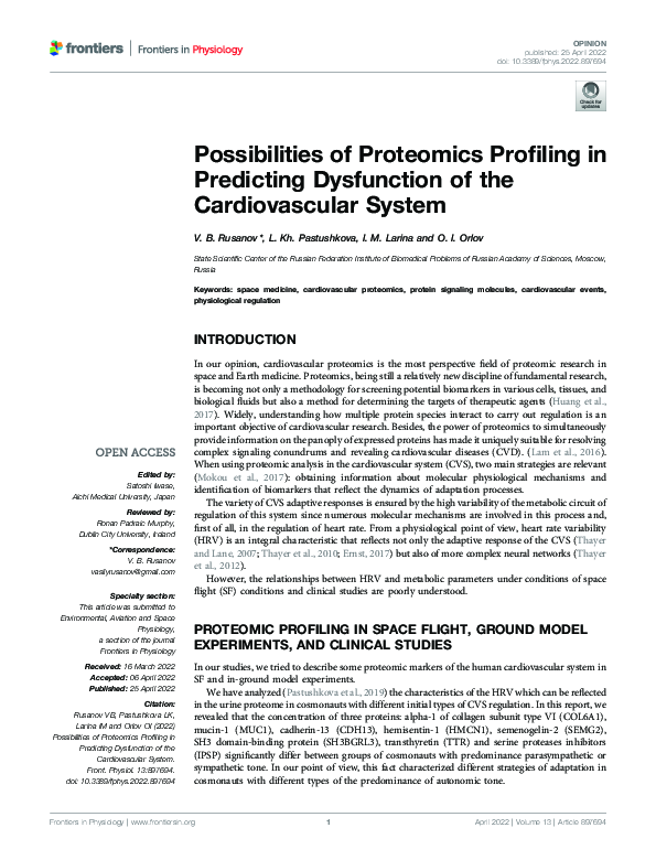 (PDF) Possibilities of Proteomics Profiling in Predicting Dysfunction of the Cardiovascular System
