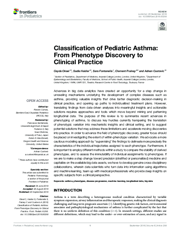 (PDF) Classification of Pediatric Asthma: From Phenotype Discovery to ...
