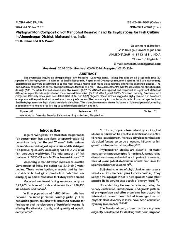(PDF) Phytoplankton Composition of Mandohol Reservoir and Its ...