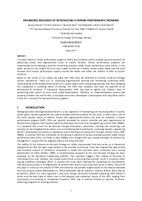 (PDF) Enhancing Resilience by Introducing a Human Performance Program