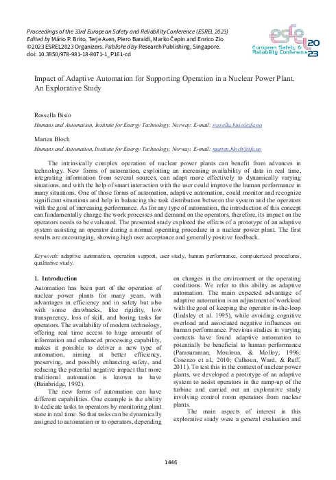 (PDF) Impact of Adaptive Automation for Supporting Operation in a Nuclear Power Plant. An ...