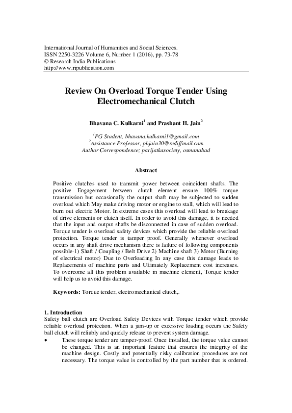 (PDF) Review On Overload Torque Tender Using Electromechanical Clutch