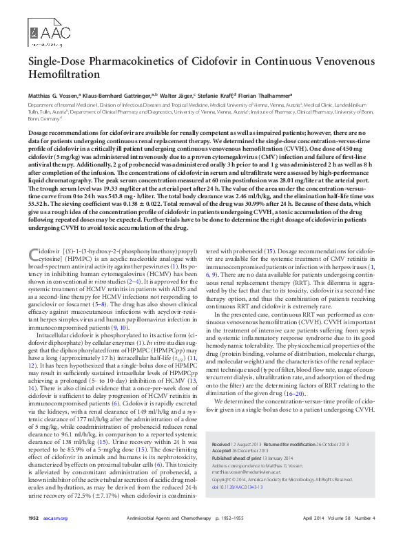 (PDF) Single-Dose Pharmacokinetics of Cidofovir in Continuous Venovenous Hemofiltration
