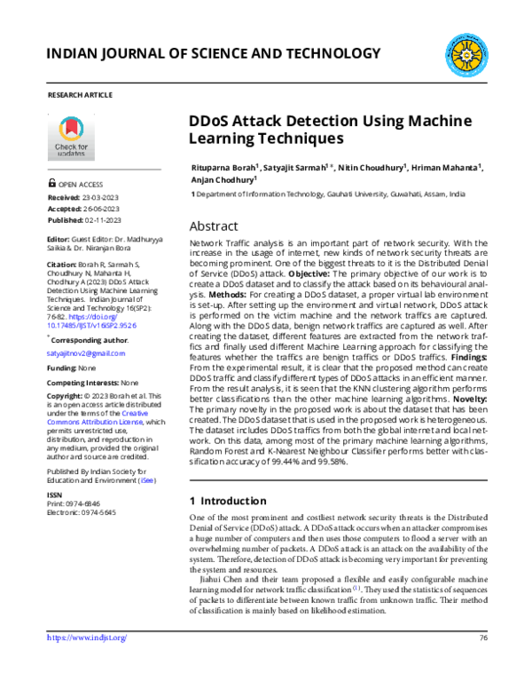 (PDF) DDoS Attack Detection Using Machine Learning Techniques