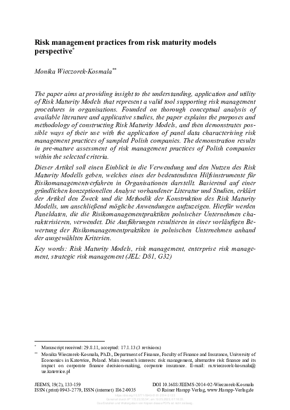 (PDF) Risk management practices from risk maturity models perspective