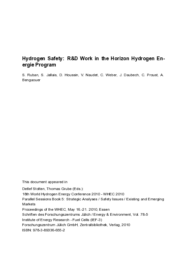(PDF) Hydrogen Safety: R&D Work in the Horizon Hydrogen Energie Program