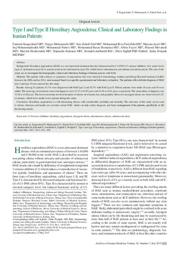 (PDF) Type I and Type II Hereditary Angioedema: Clinical and Laboratory ...