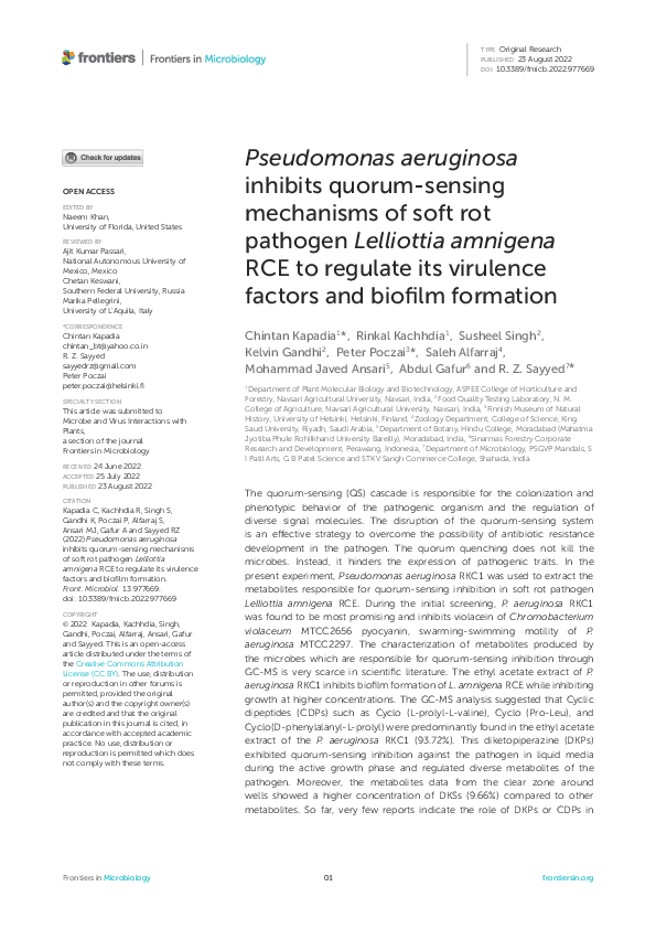 (PDF) Pseudomonas aeruginosa inhibits quorum-sensing mechanisms of soft rot pathogen Lelliottia ...