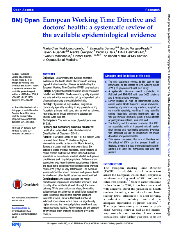 (PDF) European Working Time Directive and doctors' health: a systematic ...