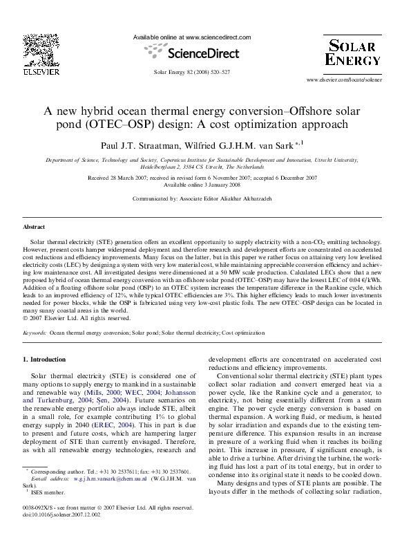 (PDF) A new hybrid ocean thermal energy conversion–Offshore solar pond ...