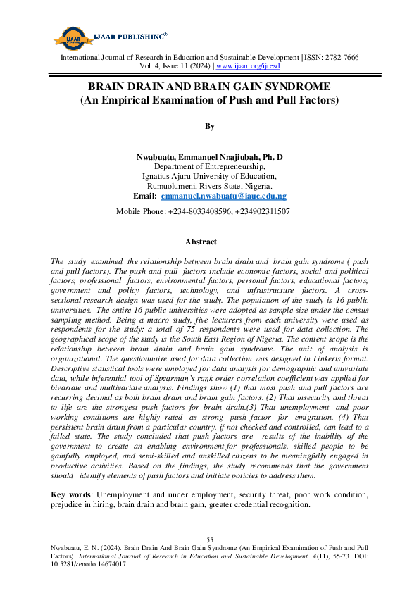 (PDF) BRAIN DRAIN AND BRAIN GAIN SYNDROME (An Empirical Examination of Push and Pull Factors