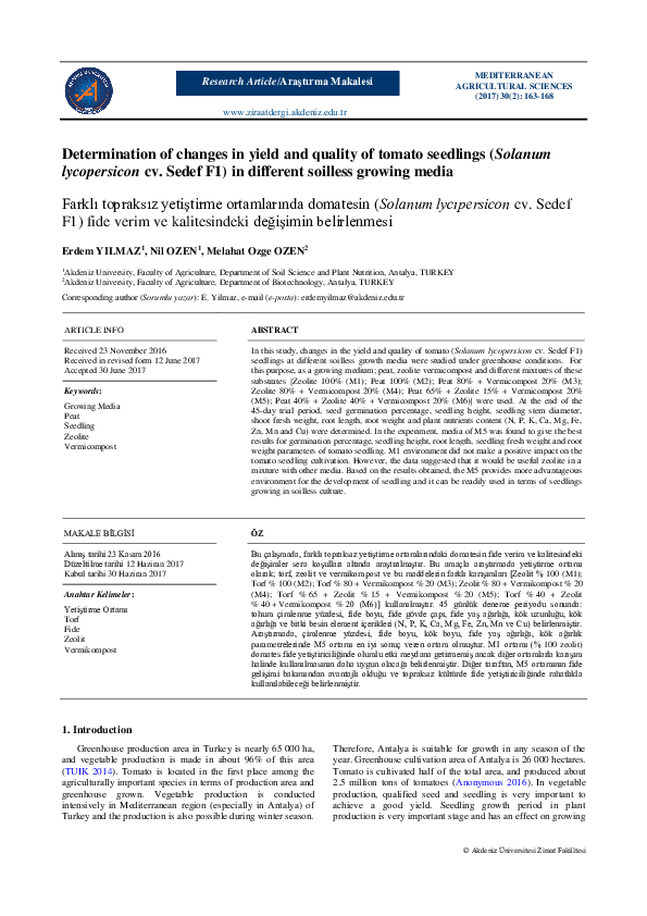 (PDF) Determination of changes in yield and quality of tomato seedlings ...