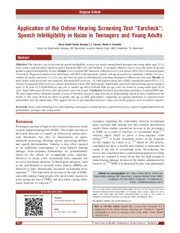 (PDF) Application of the online hearing screening test “Earcheck ...