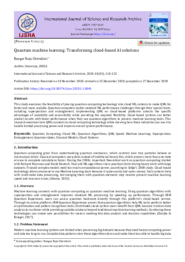 (PDF) Quantum machine learning: Transforming cloud-based AI solutions