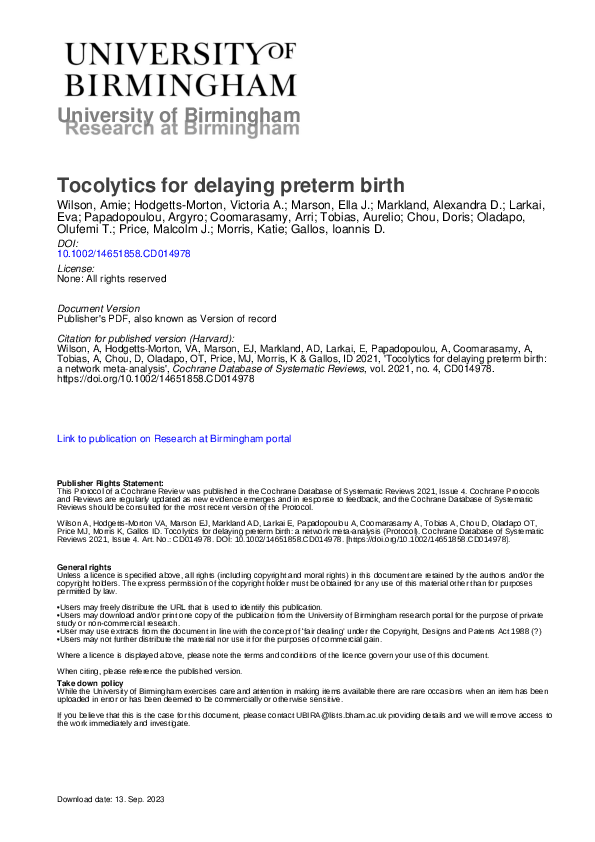 (PDF) Tocolytics for delaying preterm birth: a network meta-analysis
