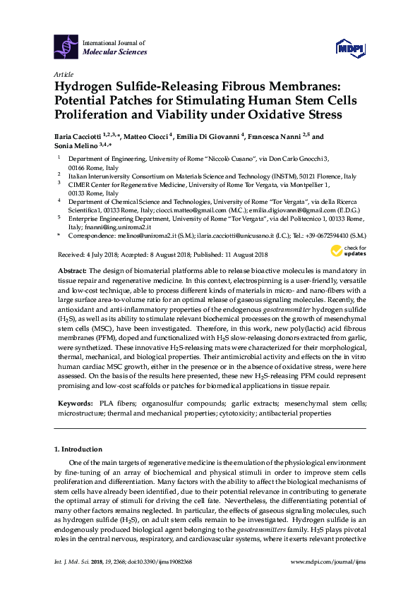 (PDF) Hydrogen Sulfide-Releasing Fibrous Membranes: Potential Patches ...