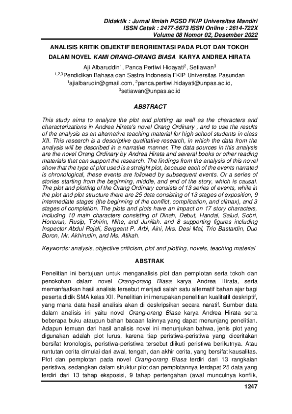 (PDF) Analisis Kritik Objektif Berorientasi Pada Plot Dan Tokoh Dalam Novel Kami Orang-Orang ...