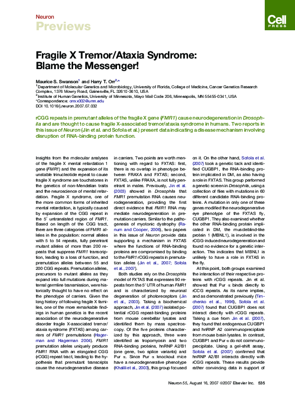 (PDF) Fragile X Tremor/Ataxia Syndrome: Blame the Messenger!