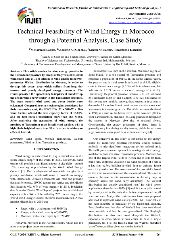 (PDF) Technical Feasibility of Wind Energy in Morocco through a ...