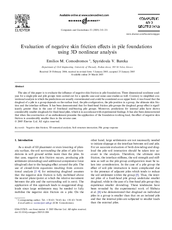 (PDF) Evaluation of negative skin friction effects in pile foundations using 3D nonlinear analysis