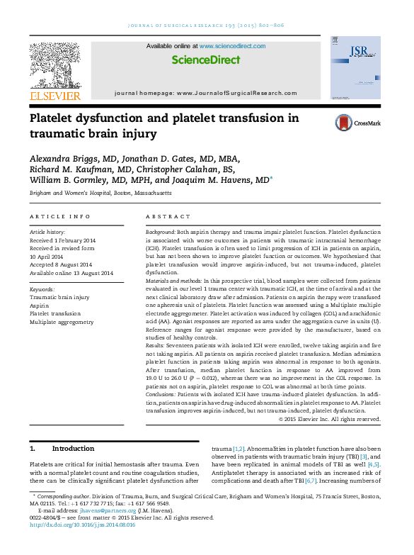 (PDF) Platelet dysfunction and platelet transfusion in traumatic brain ...