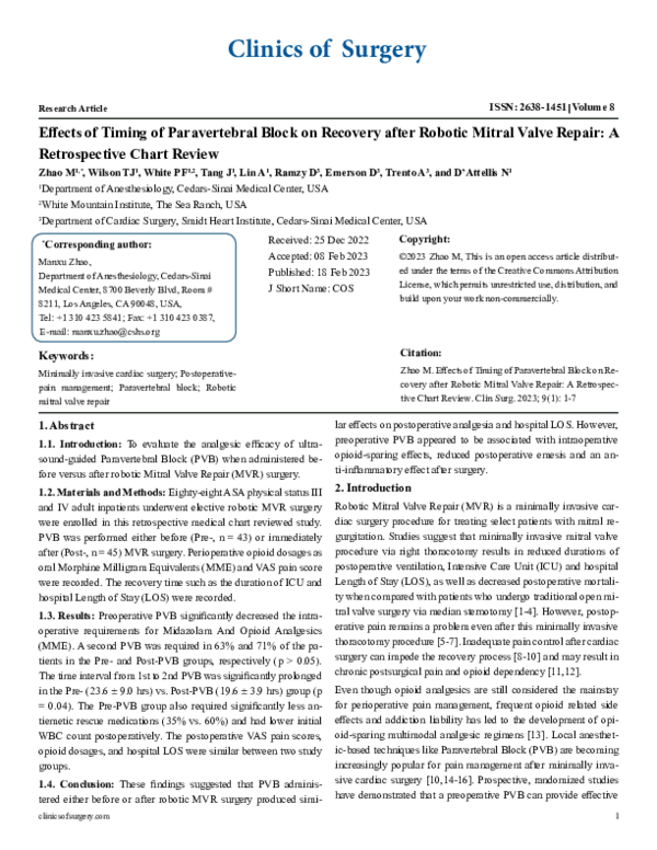 (PDF) Effects of Timing of Paravertebral Block on Recovery after ...
