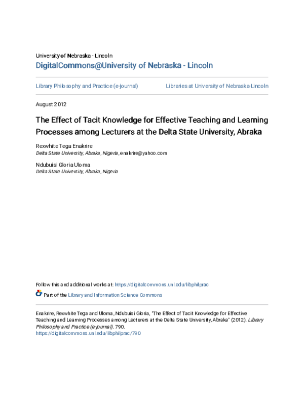 (PDF) The Effect of Tacit Knowledge for Effective Teaching and Learning Processes among ...